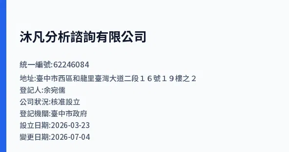 沐凡分析諮詢有限公司的照片-統編 62246084(臺中市) 公司登記資料與營業項目詳細圖表