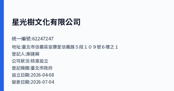 星光樹文化有限公司的照片-統編 62247247(臺北市) 公司登記資料與營業項目詳細圖表