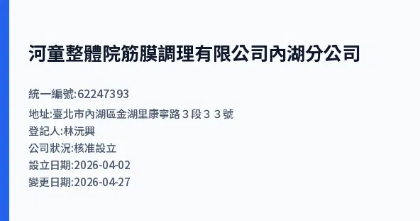 河童整體院筋膜調理有限公司內湖分公司的照片-統編 62247393(臺北市) 公司登記資料與營業項目詳細圖表