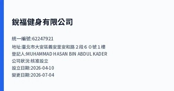 銳福健身有限公司的照片-統編 62247921(臺北市) 公司登記資料與營業項目詳細圖表