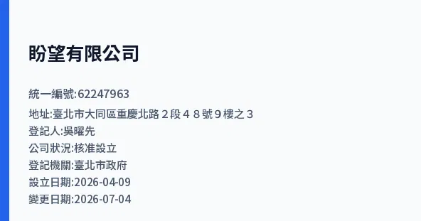 盼望有限公司的照片-統編 62247963(臺北市) 公司登記資料與營業項目詳細圖表