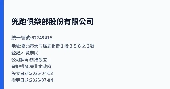 兜跑俱樂部股份有限公司的照片-統編 62248415(臺北市) 公司登記資料與營業項目詳細圖表