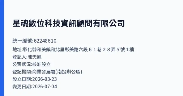 星魂數位科技資訊顧問有限公司的照片-統編 62248610(彰化縣) 公司登記資料與營業項目詳細圖表
