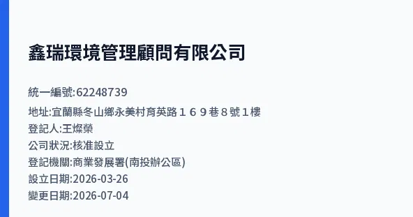 鑫瑞環境管理顧問有限公司的照片-統編 62248739(宜蘭縣) 公司登記資料與營業項目詳細圖表