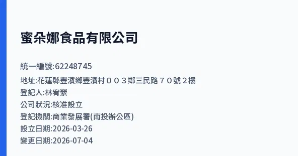 蜜朵娜食品有限公司的照片-統編 62248745(花蓮縣) 公司登記資料與營業項目詳細圖表
