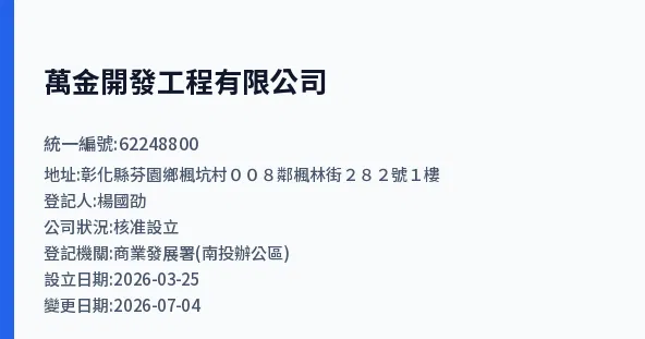 萬金開發工程有限公司的照片-統編 62248800(彰化縣) 公司登記資料與營業項目詳細圖表
