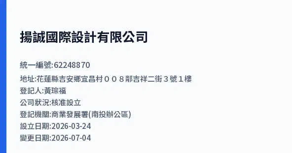 揚誠國際設計有限公司的照片-統編 62248870(花蓮縣) 公司登記資料與營業項目詳細圖表