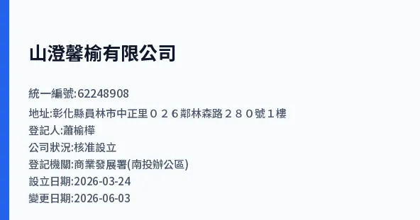 山澄馨榆有限公司的照片-統編 62248908(彰化縣) 公司登記資料與營業項目詳細圖表
