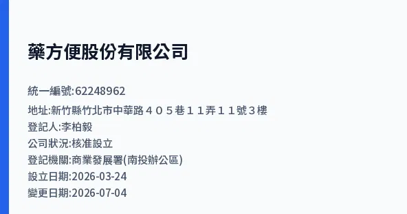 藥方便股份有限公司的照片-統編 62248962(新竹縣) 公司登記資料與營業項目詳細圖表