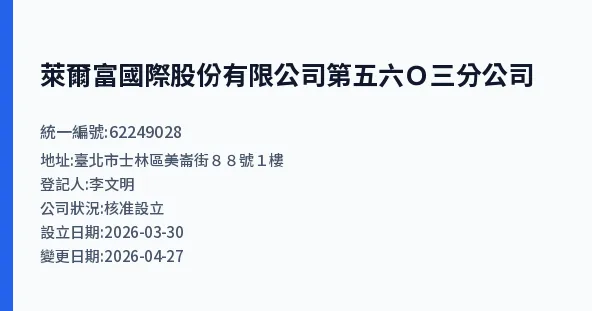 萊爾富國際股份有限公司第五六0三分公司的照片-統編 62249028(臺北市) 公司登記資料與營業項目詳細圖表