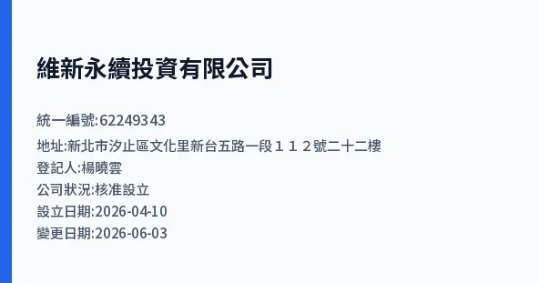 維新永續投資有限公司的照片-統編 62249343(新北市) 公司登記資料與營業項目詳細圖表