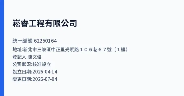 崧睿工程有限公司的照片-統編 62250164(新北市) 公司登記資料與營業項目詳細圖表