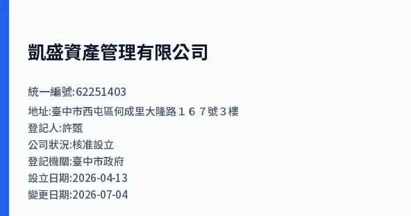 凱盛資產管理有限公司的照片-統編 62251403(臺中市) 公司登記資料與營業項目詳細圖表