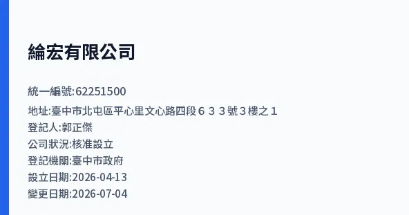 綸宏有限公司的照片-統編 62251500(臺中市) 公司登記資料與營業項目詳細圖表