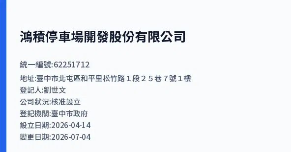 鴻積停車場開發股份有限公司的照片-統編 62251712(臺中市) 公司登記資料與營業項目詳細圖表