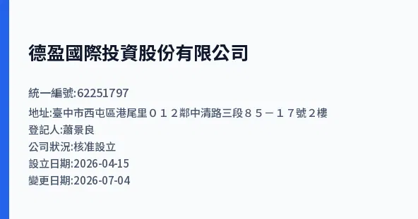 德盈國際投資股份有限公司的照片-統編 62251797(臺中市) 公司登記資料與營業項目詳細圖表