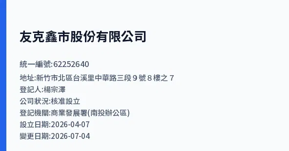 友克鑫市股份有限公司的照片-統編 62252640(新竹市) 公司登記資料與營業項目詳細圖表