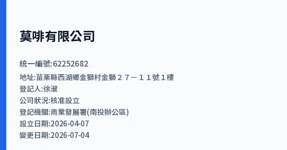 莫啡有限公司的照片-統編 62252682(苗栗縣) 公司登記資料與營業項目詳細圖表