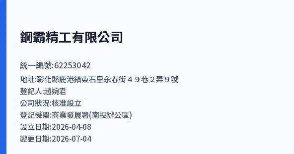 鋼霸精工有限公司的照片-統編 62253042(彰化縣) 公司登記資料與營業項目詳細圖表