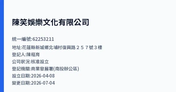 陳笑娛樂文化有限公司的照片-統編 62253211(花蓮縣) 公司登記資料與營業項目詳細圖表
