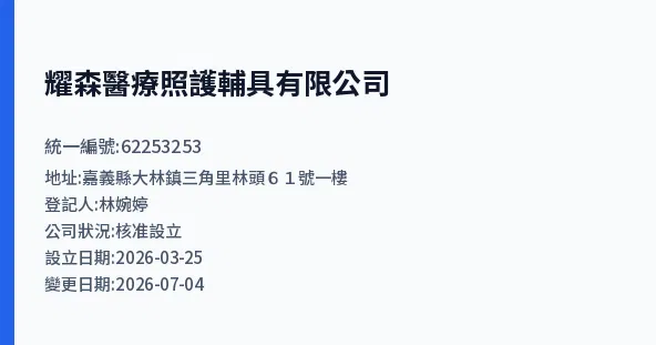 耀森醫療照護輔具有限公司的照片-統編 62253253(嘉義縣) 公司登記資料與營業項目詳細圖表