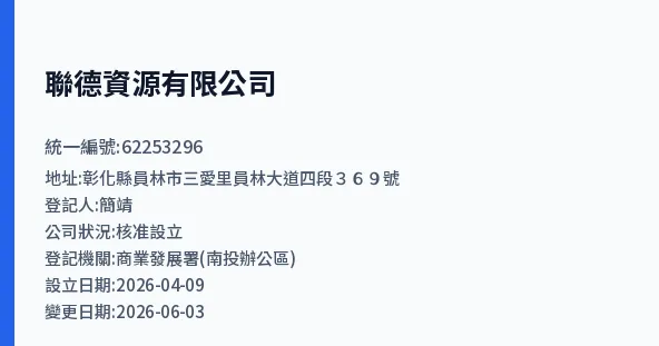 聯德資源有限公司的照片-統編 62253296(彰化縣) 公司登記資料與營業項目詳細圖表