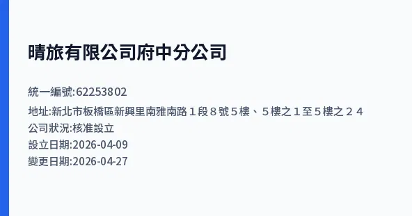 晴旅有限公司府中分公司的照片-統編 62253802(新北市) 公司登記資料與營業項目詳細圖表