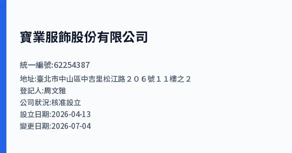寶業服飾股份有限公司的照片-統編 62254387(臺北市) 公司登記資料與營業項目詳細圖表