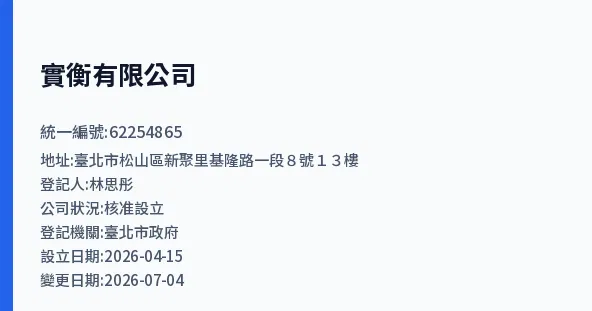 實衡有限公司的照片-統編 62254865(臺北市) 公司登記資料與營業項目詳細圖表