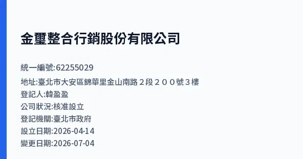 金璽整合行銷股份有限公司的照片-統編 62255029(臺北市) 公司登記資料與營業項目詳細圖表