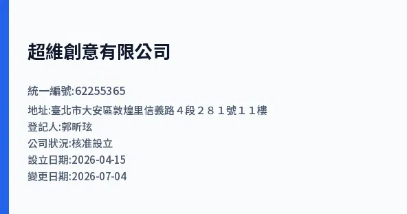 超維創意有限公司的照片-統編 62255365(臺北市) 公司登記資料與營業項目詳細圖表