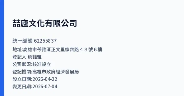 喆廬文化有限公司的照片-統編 62255837(高雄市) 公司登記資料與營業項目詳細圖表