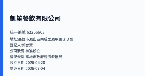 凱笙餐飲有限公司的照片-統編 62256603(高雄市) 公司登記資料與營業項目詳細圖表