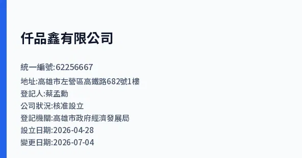 仟品鑫有限公司的照片-統編 62256667(高雄市) 公司登記資料與營業項目詳細圖表