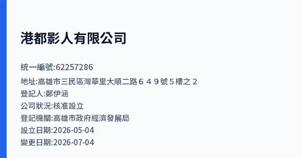 港都影人有限公司的照片-統編 62257286(高雄市) 公司登記資料與營業項目詳細圖表