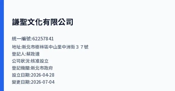 謙聖文化有限公司的照片-統編 62257841(新北市) 公司登記資料與營業項目詳細圖表