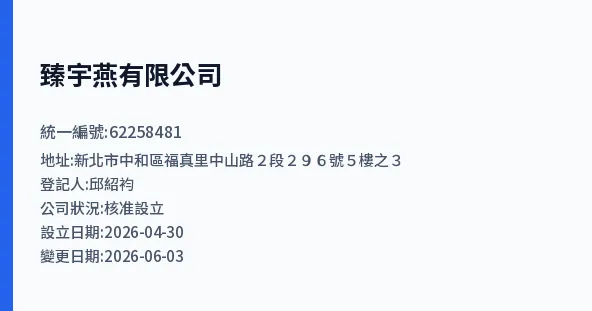 臻宇燕國際有限公司的照片-統編 62258481(新北市) 公司登記資料與營業項目詳細圖表