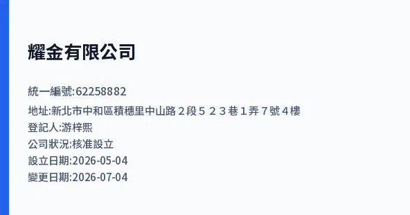 耀金有限公司的照片-統編 62258882(新北市) 公司登記資料與營業項目詳細圖表