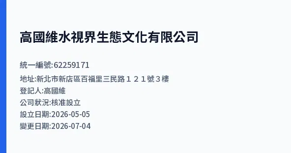 高國維水視界生態文化有限公司的照片-統編 62259171 公司登記資料與營業項目詳細圖表