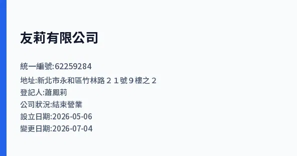 友莉有限公司的照片-統編 62259284 公司登記資料與營業項目詳細圖表