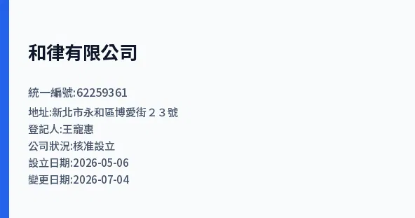 和律有限公司的照片-統編 62259361(新北市) 公司登記資料與營業項目詳細圖表