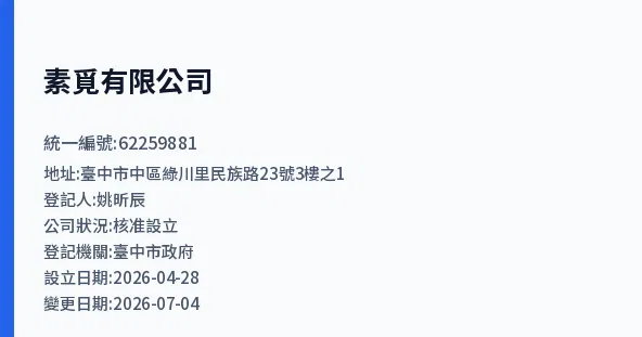 素覓有限公司的照片-統編 62259881(臺中市) 公司登記資料與營業項目詳細圖表