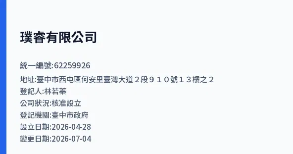 璞睿有限公司的照片-統編 62259926(臺中市) 公司登記資料與營業項目詳細圖表