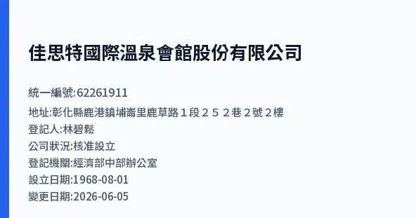 佳思特國際溫泉會館股份有限公司的照片-統編 62261911(彰化縣) 公司登記資料與營業項目詳細圖表