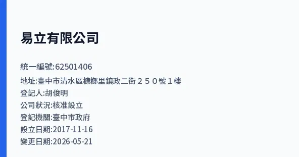易立有限公司的照片-統編 62501406(臺中市) 公司登記資料與營業項目詳細圖表