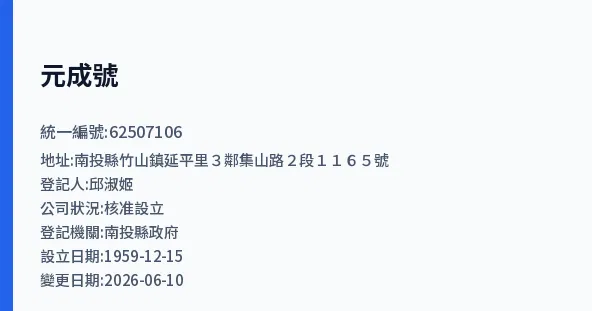 元成號的照片-統編 62507106(南投縣) 公司登記資料與營業項目詳細圖表