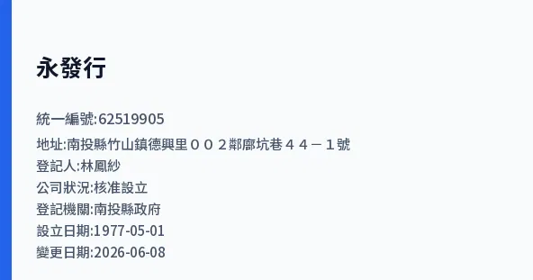 永發行的照片-統編 62519905(南投縣) 公司登記資料與營業項目詳細圖表
