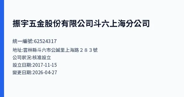 振宇五金股份有限公司斗六上海分公司的照片-統編 62524317(雲林縣) 公司登記資料與營業項目詳細圖表