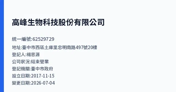 高峰生物科技股份有限公司的照片-統編 62529729(臺中市) 公司登記資料與營業項目詳細圖表