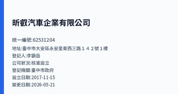 昕叡汽車企業有限公司的照片-統編 62531204(臺中市) 公司登記資料與營業項目詳細圖表